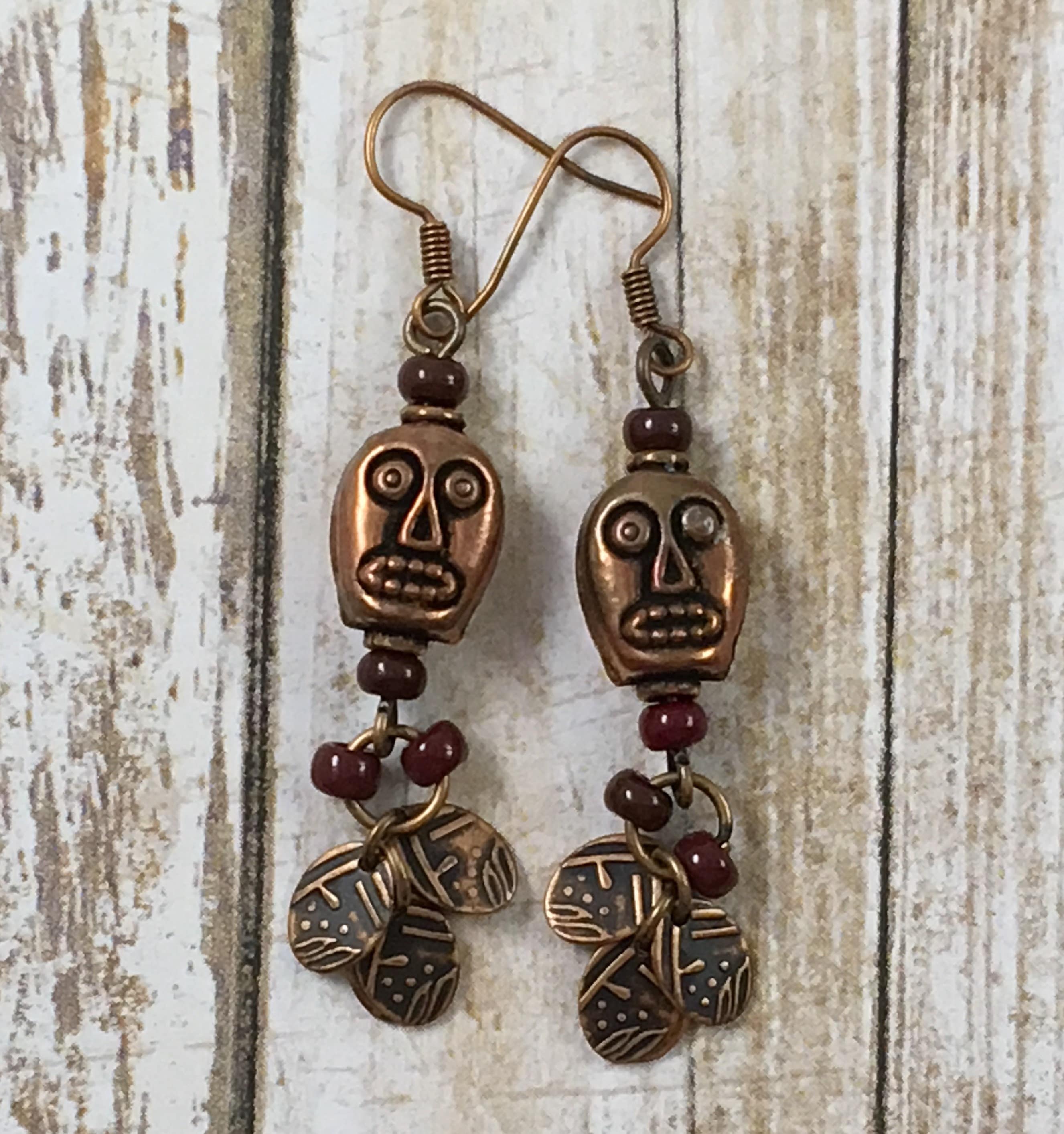 Copper and Dark Red Tribal Mask Dangle Earrings - Etsy