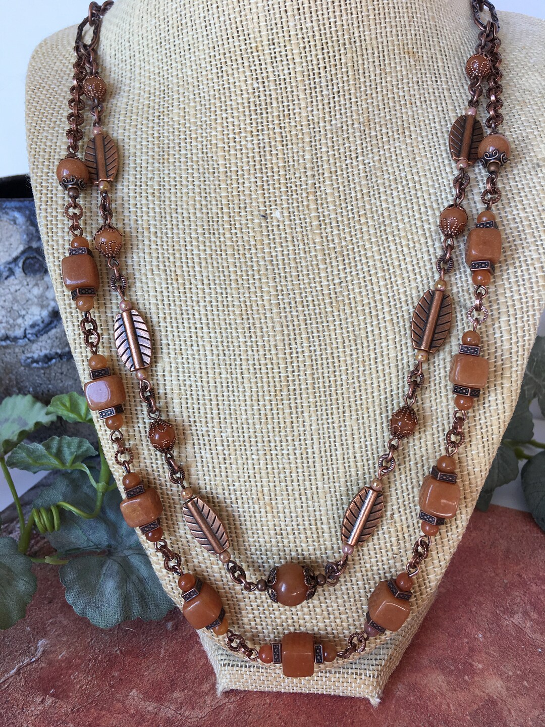 Dark Orange Aventurine Cubes Boho Necklace, Copper Leaves, Copper Chain ...