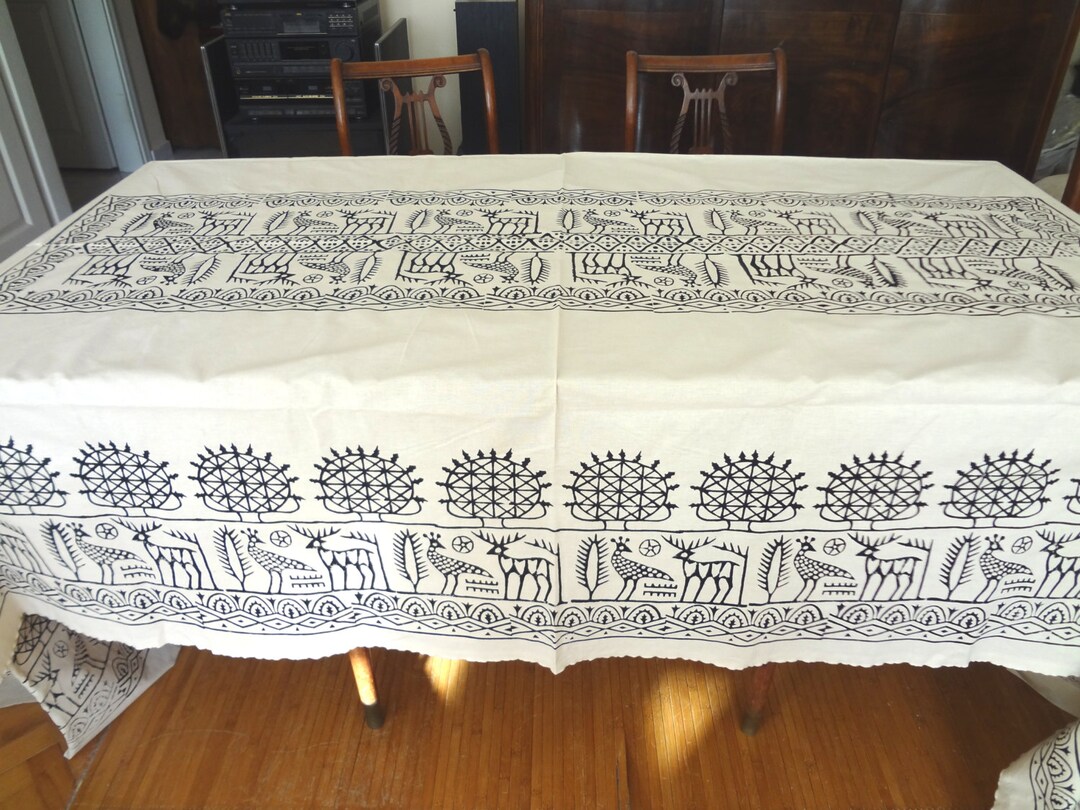Handblocked Turkish Large Rectangle Tablecloth - OOAK - Cream - 160X234 ...