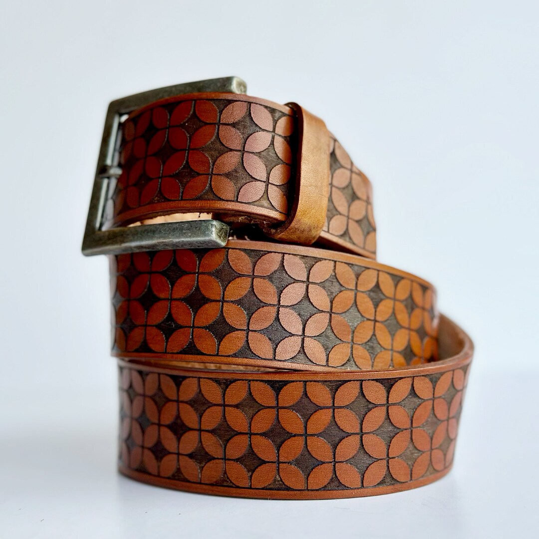 Handmade Engraved Retro Pattern Belt - Personalized Tan Leather Belt ...