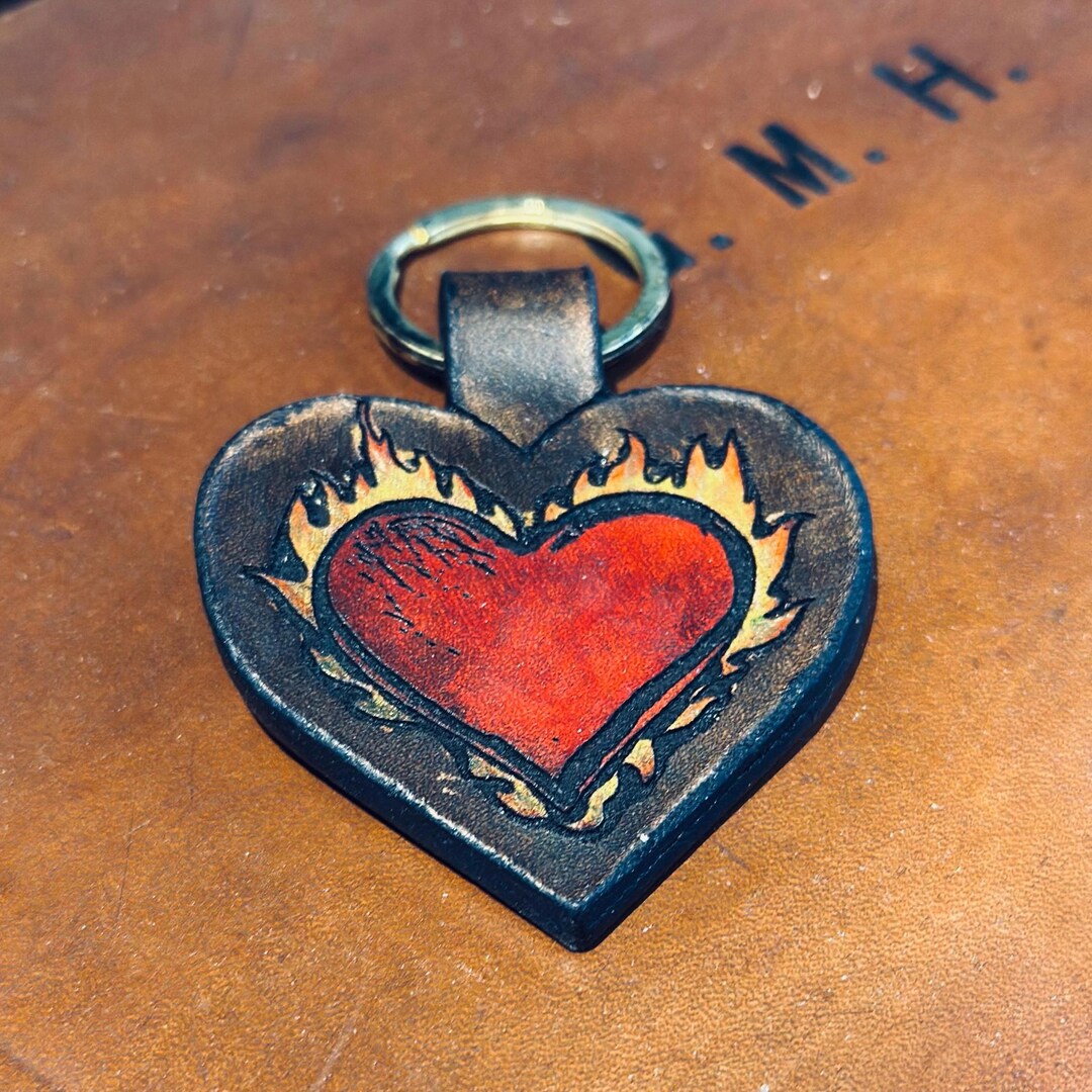 Personalised Leather Keychain - Custom Initials Keyring - Flame Heart ...