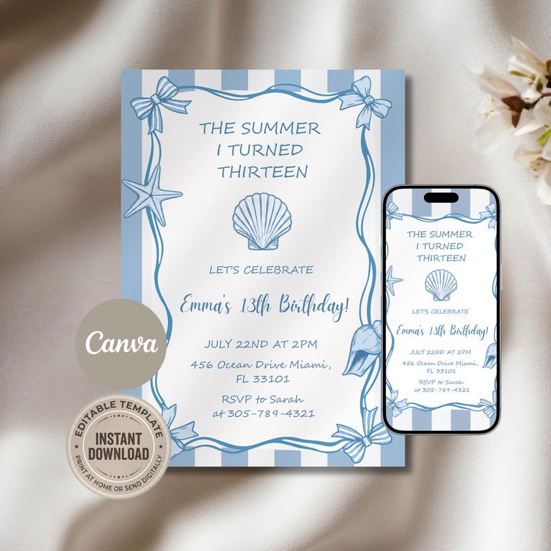 Editable Teen Birthday Invitation, Blue Seashell Party Card, Printable ...