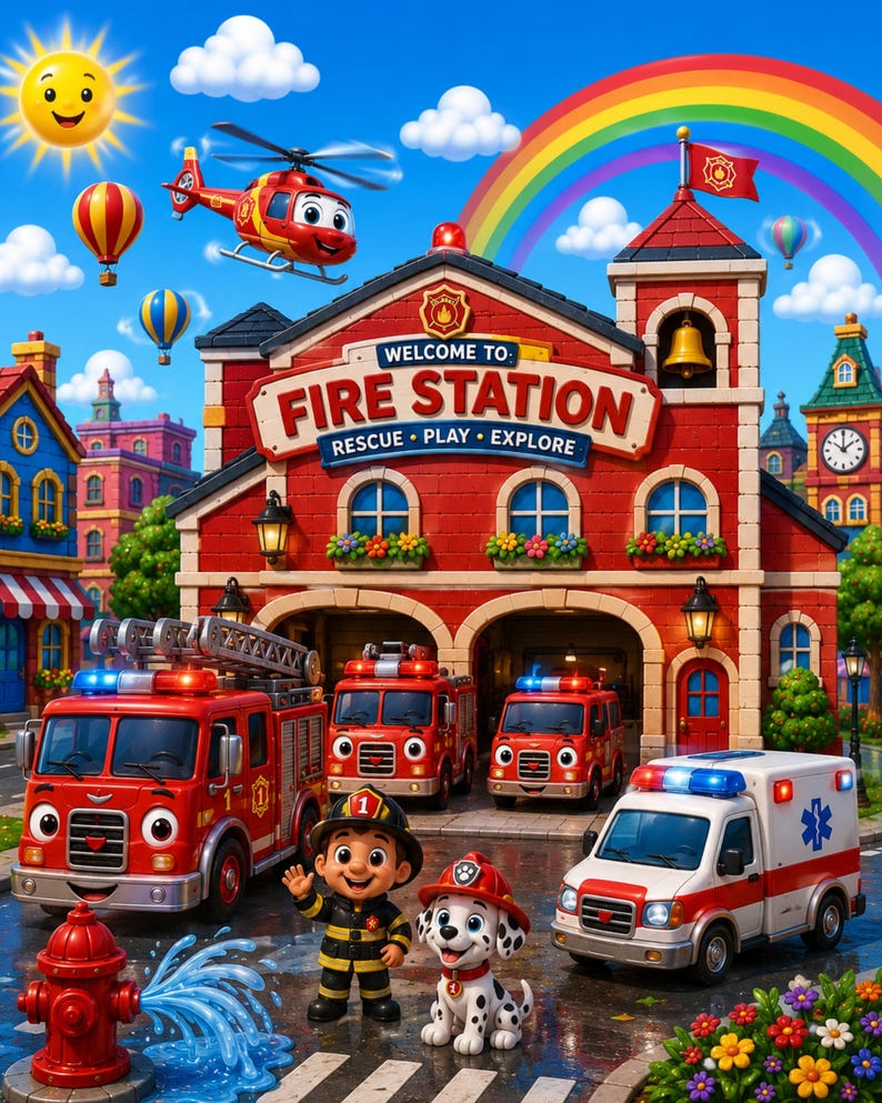 Fire Station Rescue Print Set | Dalmatian Firefighter Kids Wall Art, 8 ...