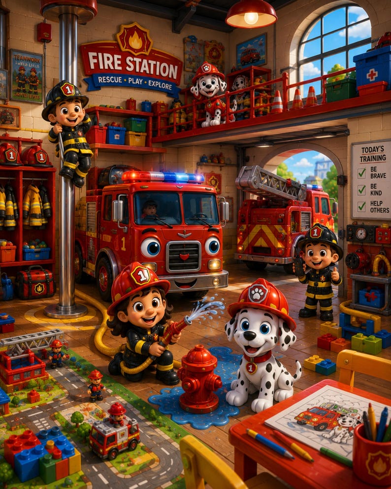 Fire Station Rescue Print Set | Dalmatian Firefighter Kids Wall Art, 8 ...