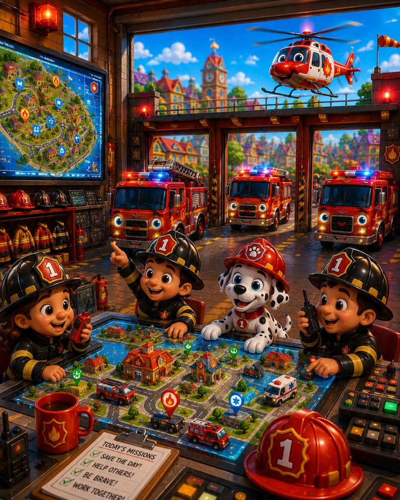 Fire Station Rescue Print Set | Dalmatian Firefighter Kids Wall Art, 8 ...