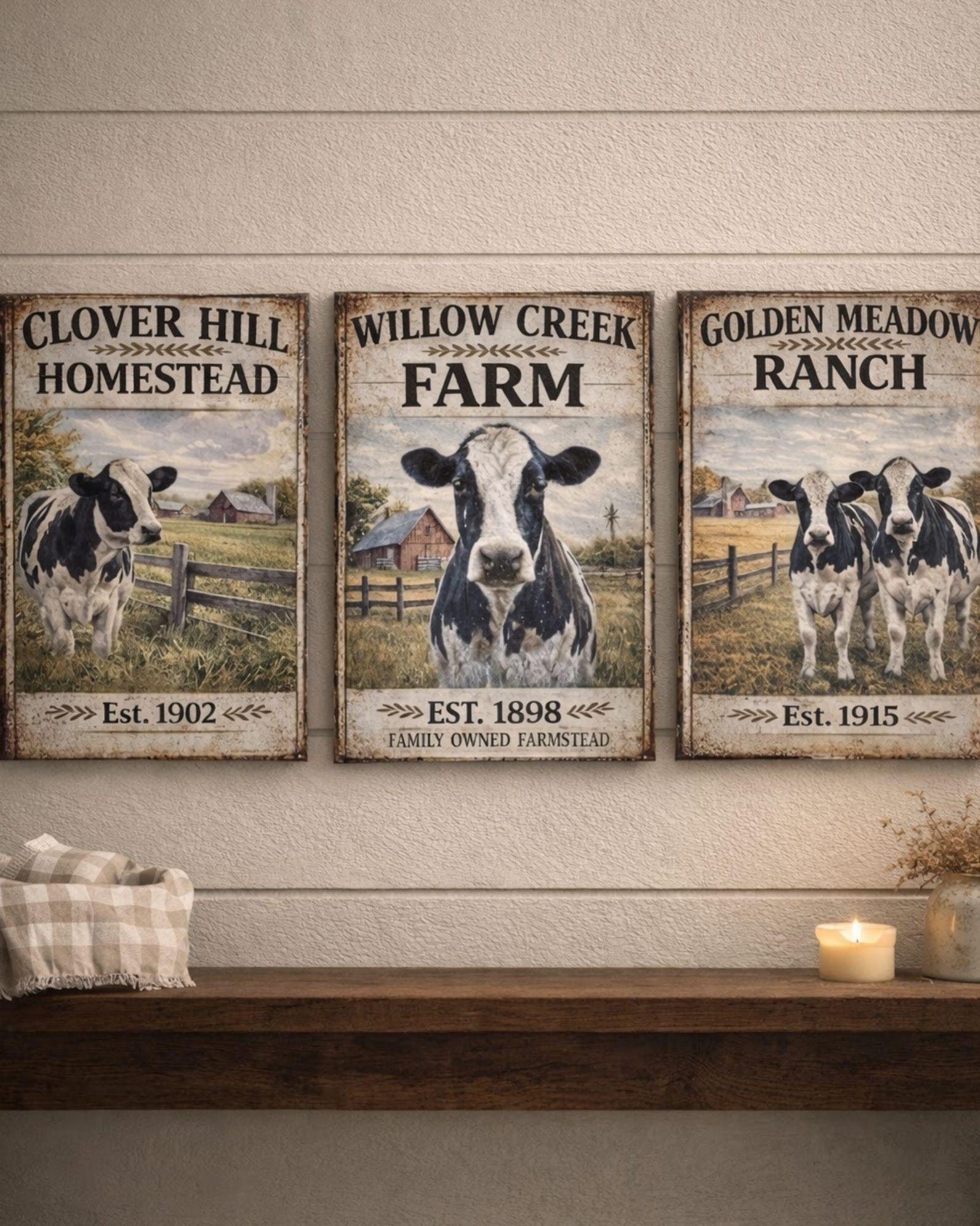 Vintage Farmhouse Cow Wall Art Set, Rustic Barn Ranch Prints (digital ...