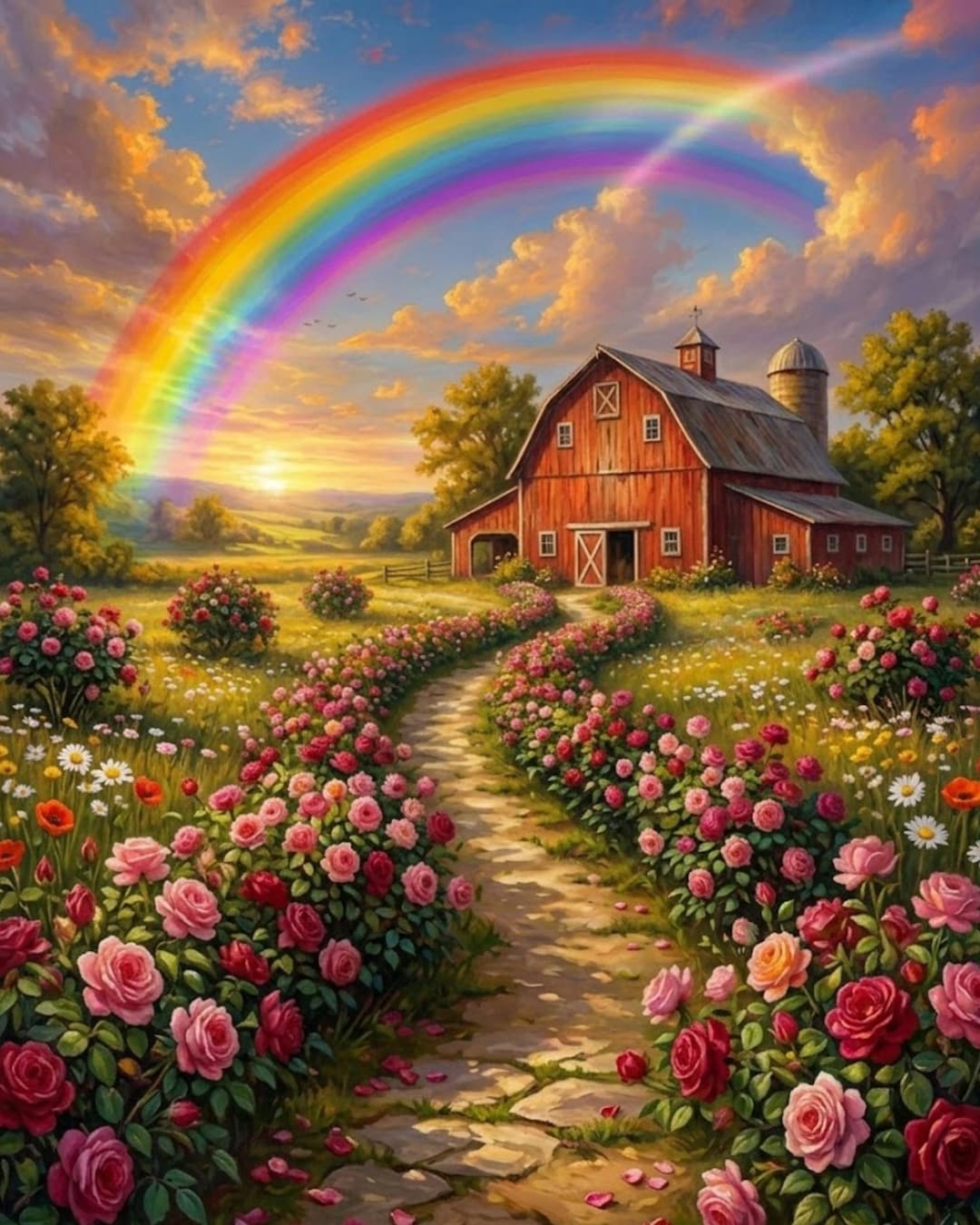 Rainbow Barn Wall Art, Farmhouse Rainbow Print, Floral Country Decor ...