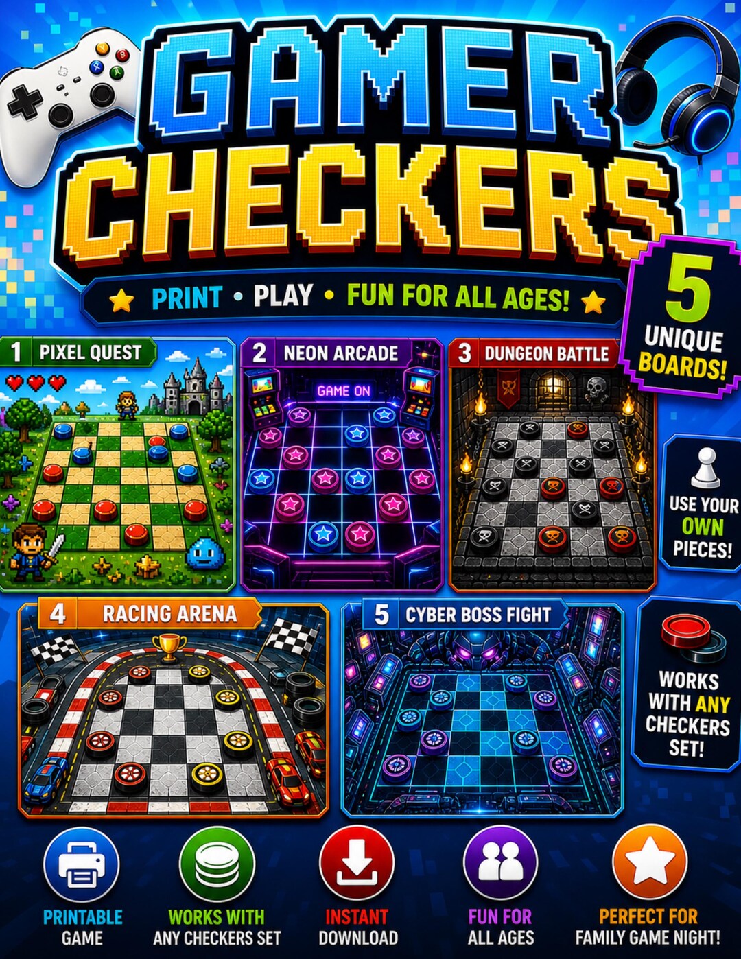 Gamer Checkers Printable, 8.5x11 Letter Size, 5 Board Set, Instant ...
