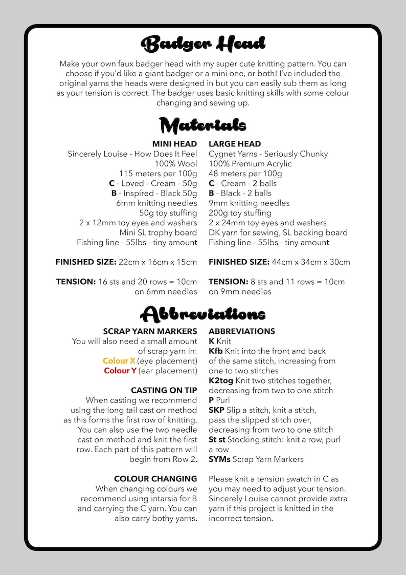 Badger Head - PDF Digital Knitting Pattern - Etsy UK