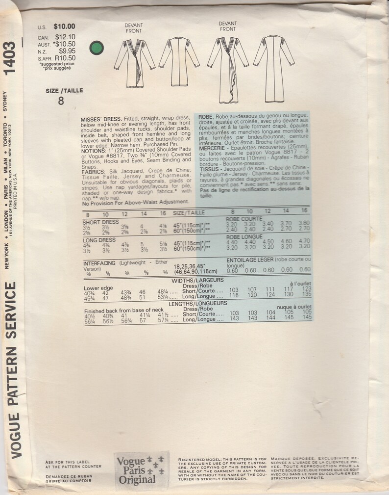 Emanuel Ungaro Wrap Dress Pattern Vogue Paris 1403 Size 8 | Etsy