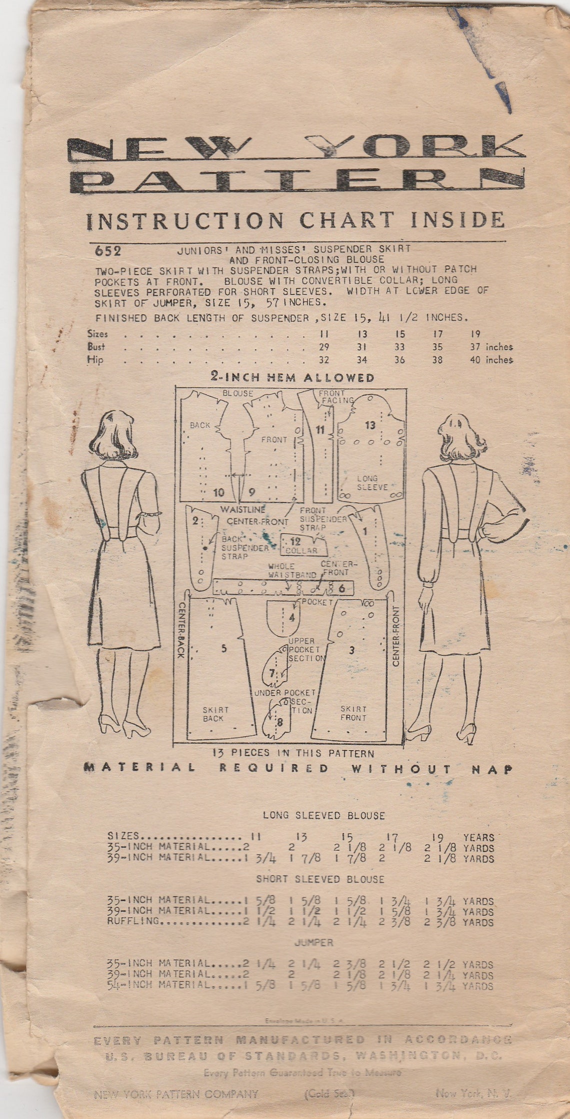 40s Suspender Skirt and Blouse Pattern New York 652 Size 13 Unused - Etsy