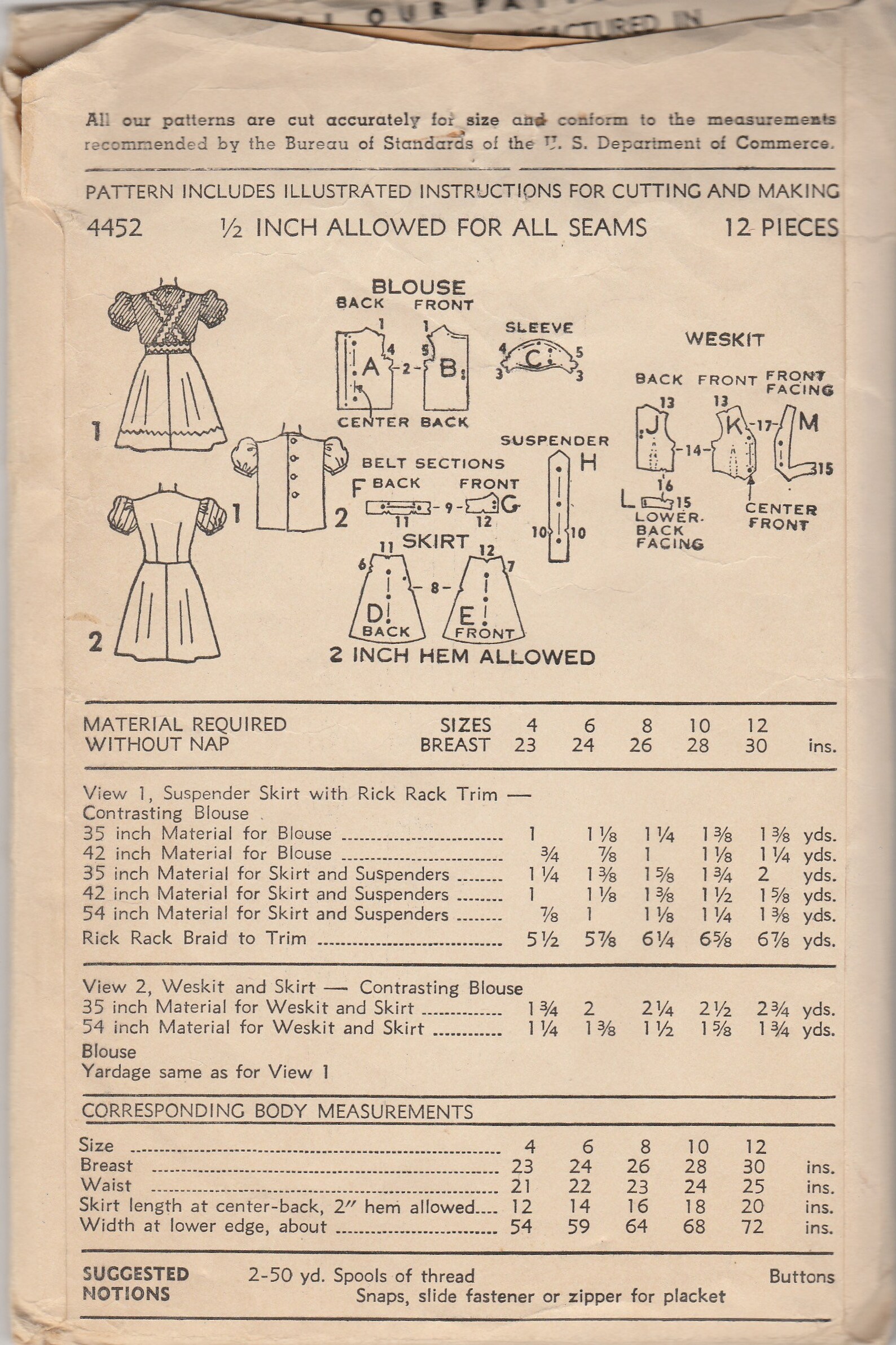 50s Girls Weskit Blouse & Skirt Pattern Advance 4452 Size 12 - Etsy
