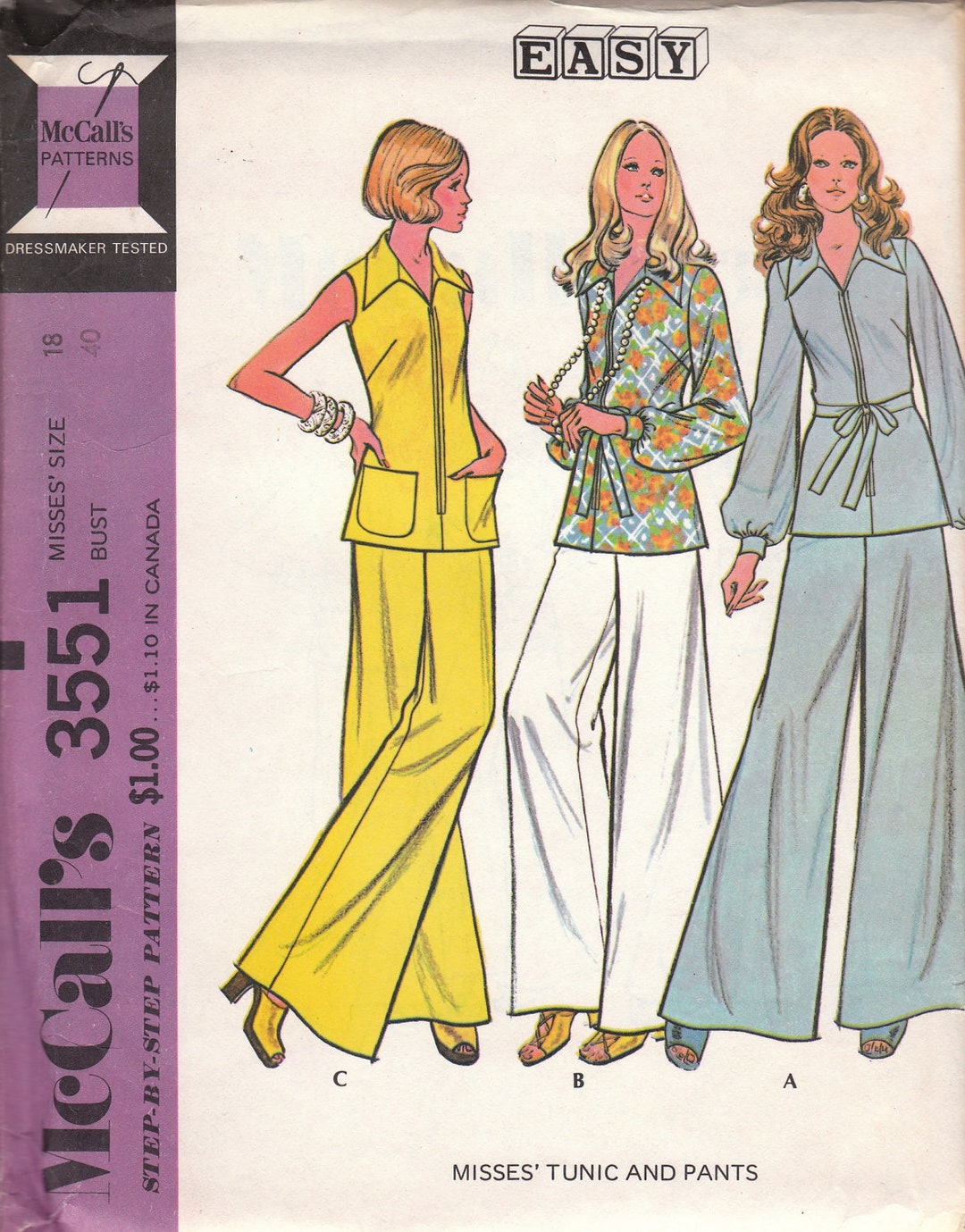 70s Tunic & Pants Pattern Mccalls 3551 Size 18 Uncut - Etsy