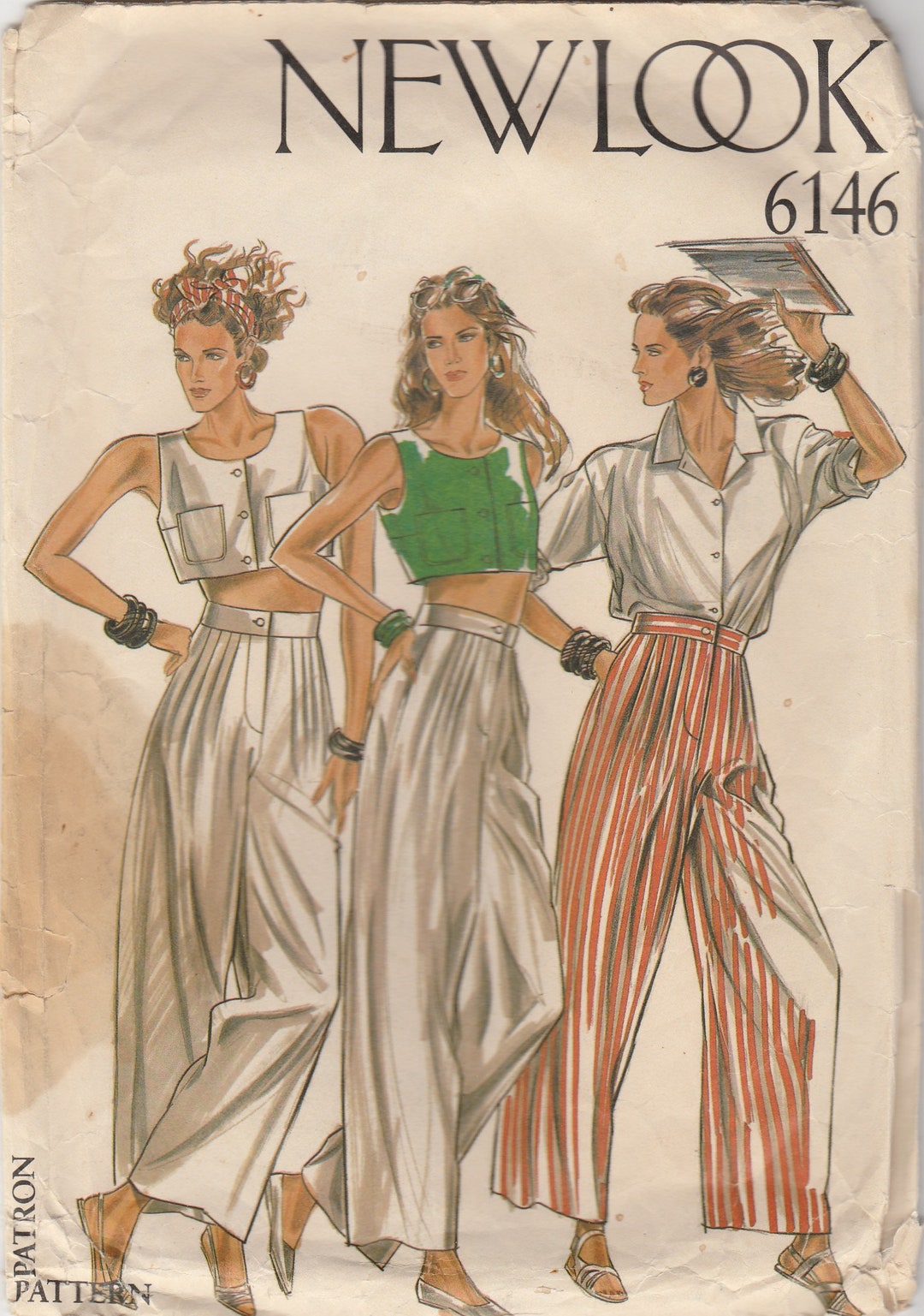 90s Pleated High Waist Wide Leg Pants & Crop Top Pattern New Look 6146 ...