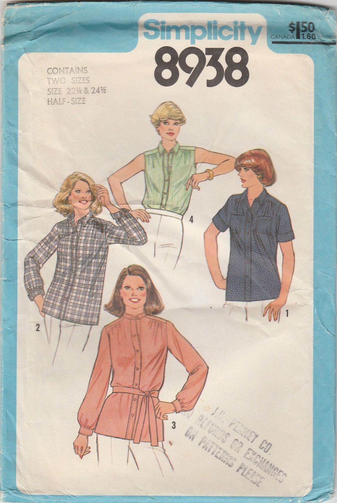 70s Shirt Pattern Simplicity 8938 Sizes 22 1/2, 24 1/2 Uncut Bust 45 ...