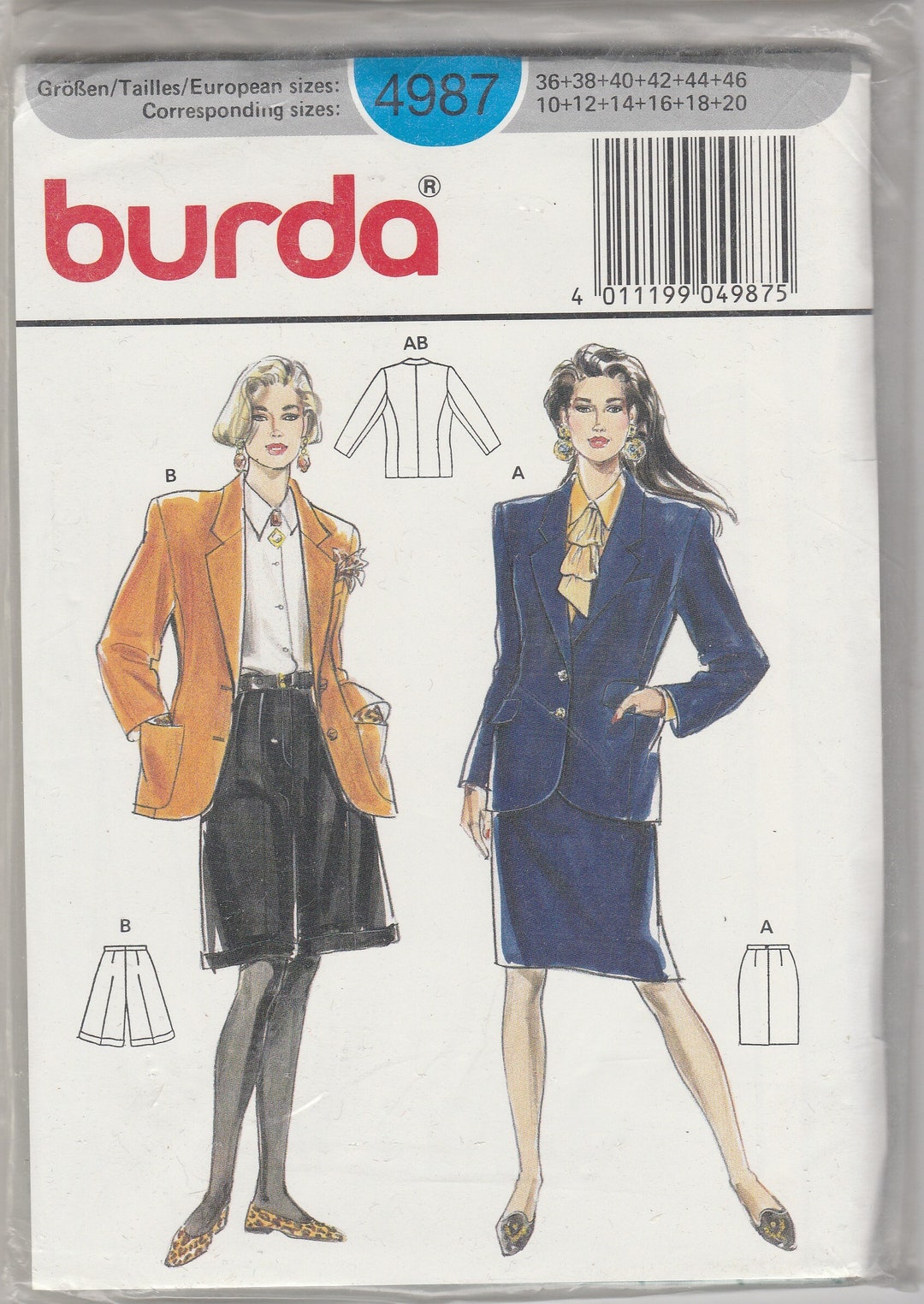 90s Business Suit Jacket, Skirt, Shorts Pattern Burda 4987 Sizes 10 ...