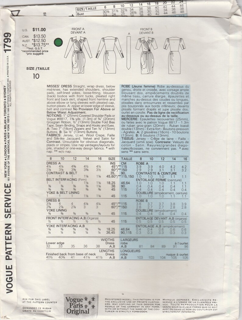 80s Designer Wrap Dress Pattern Vogue 1799 by Size 10 Uncut | Etsy