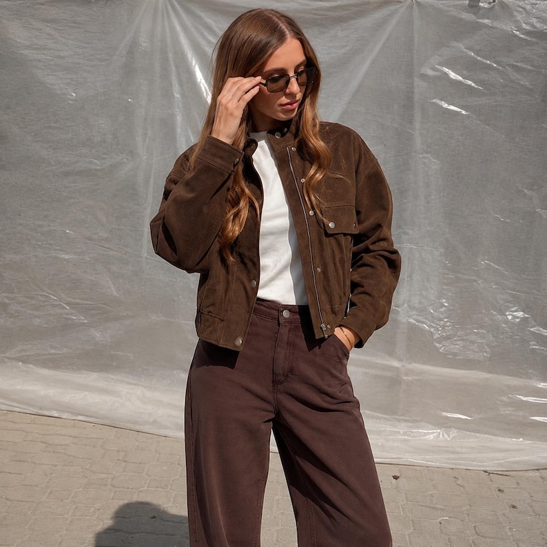Brown Suede Leather Bomber Jacket, Vintage Style Casual Outerwear ...