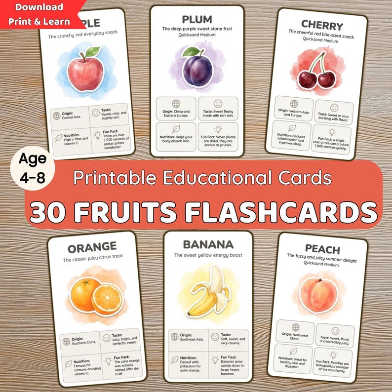 30 Watercolor Fruits Flashcards, Kids Learning Activity, Toddler ...