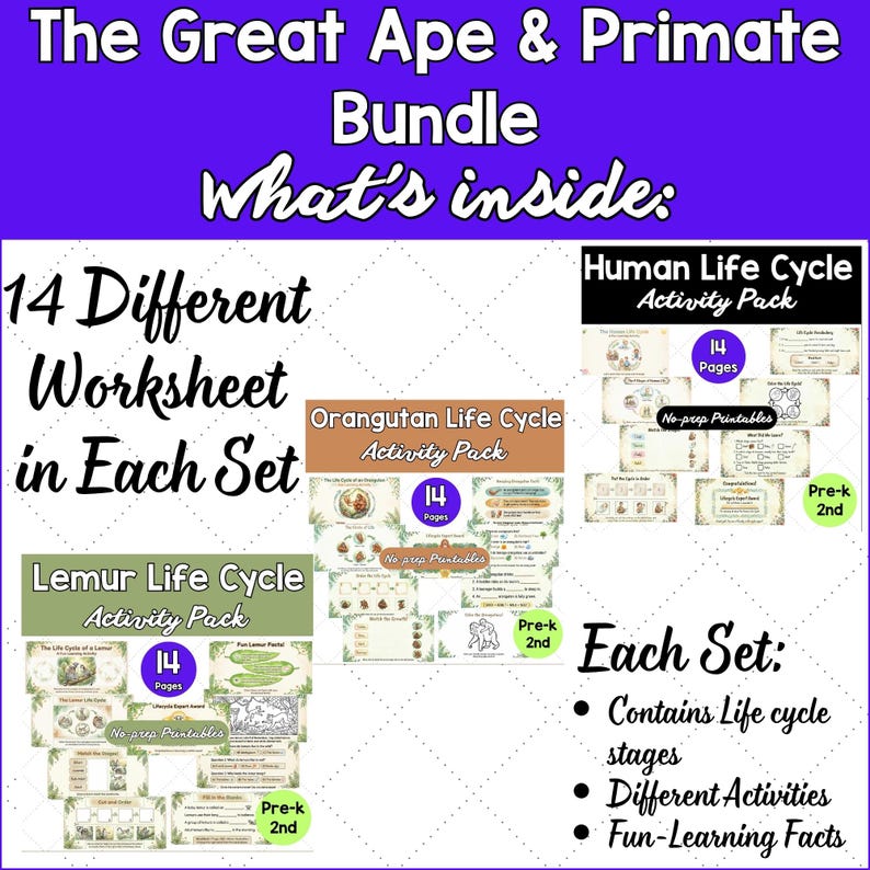 Human & Primate Life Cycle Bundle | 6 Activity Packs, 84+ Worksheets ...