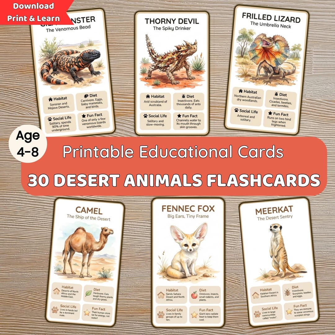 Desert Animals Flashcards for Kids | Printable Camel, Reptile Learning ...