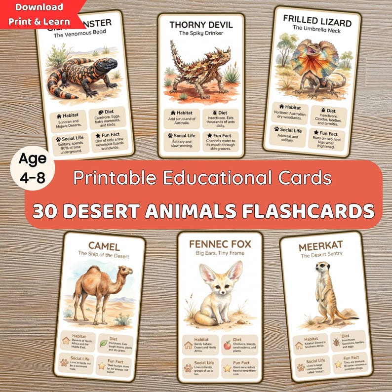Desert Animals Flashcards for Kids | Printable Camel, Reptile Learning ...