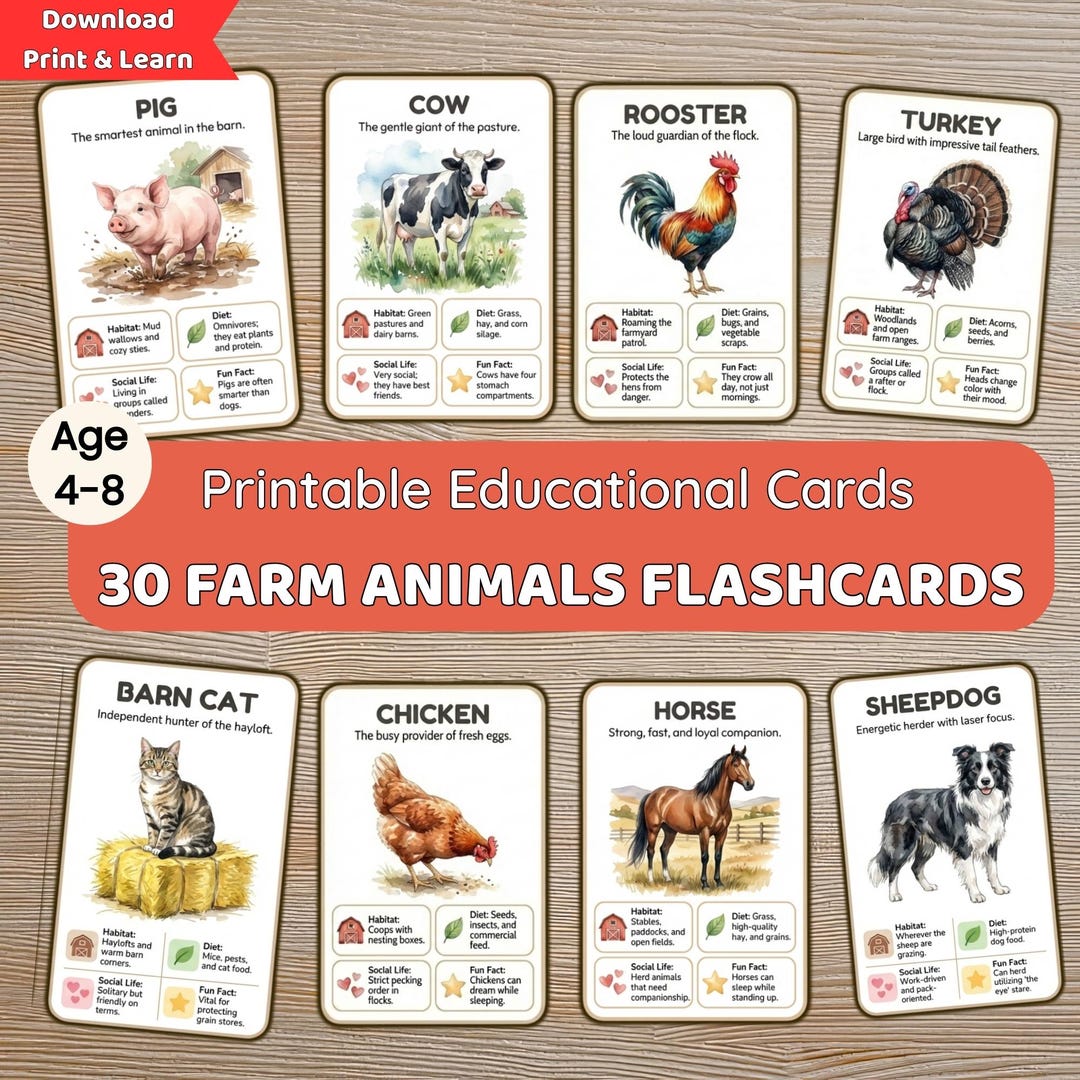 30 Farm Animals Flashcards | Montessori Toddler Learning, Homeschool ...