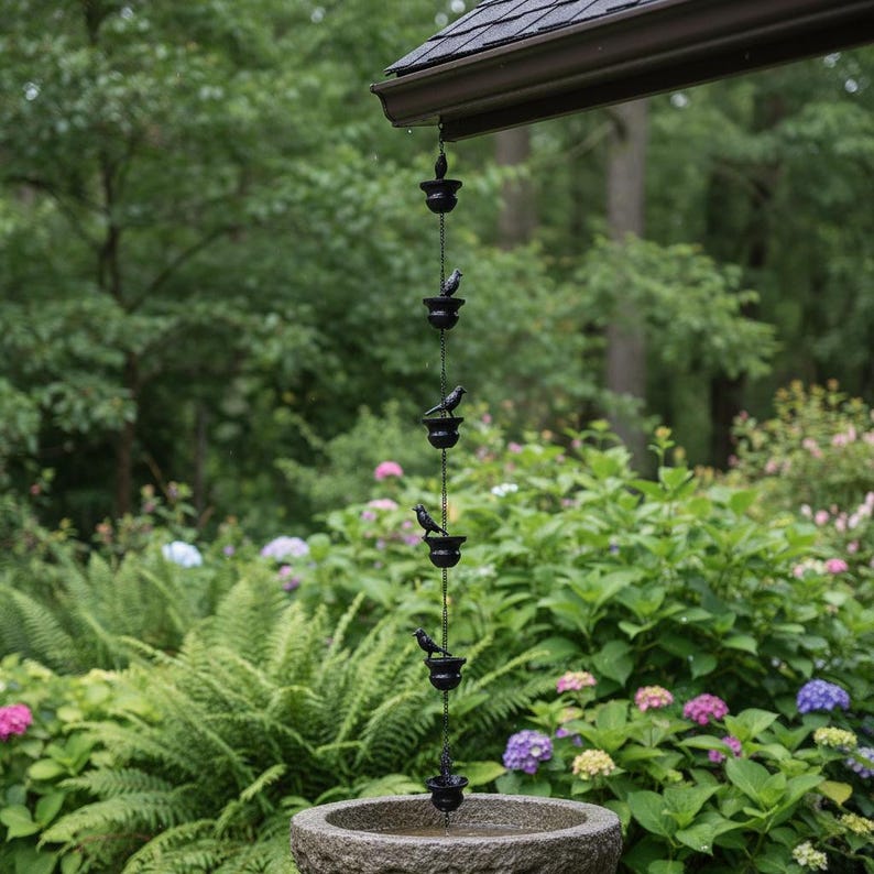 Wrought Iron Bird Rain Chain, Rustic Garden Decor, Outdoor Hanging ...