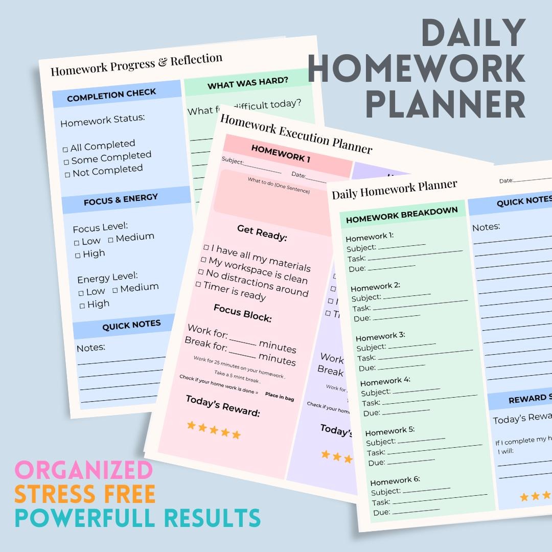 ADHD Daily Homework Planner for Kids | Printable Student Executive ...