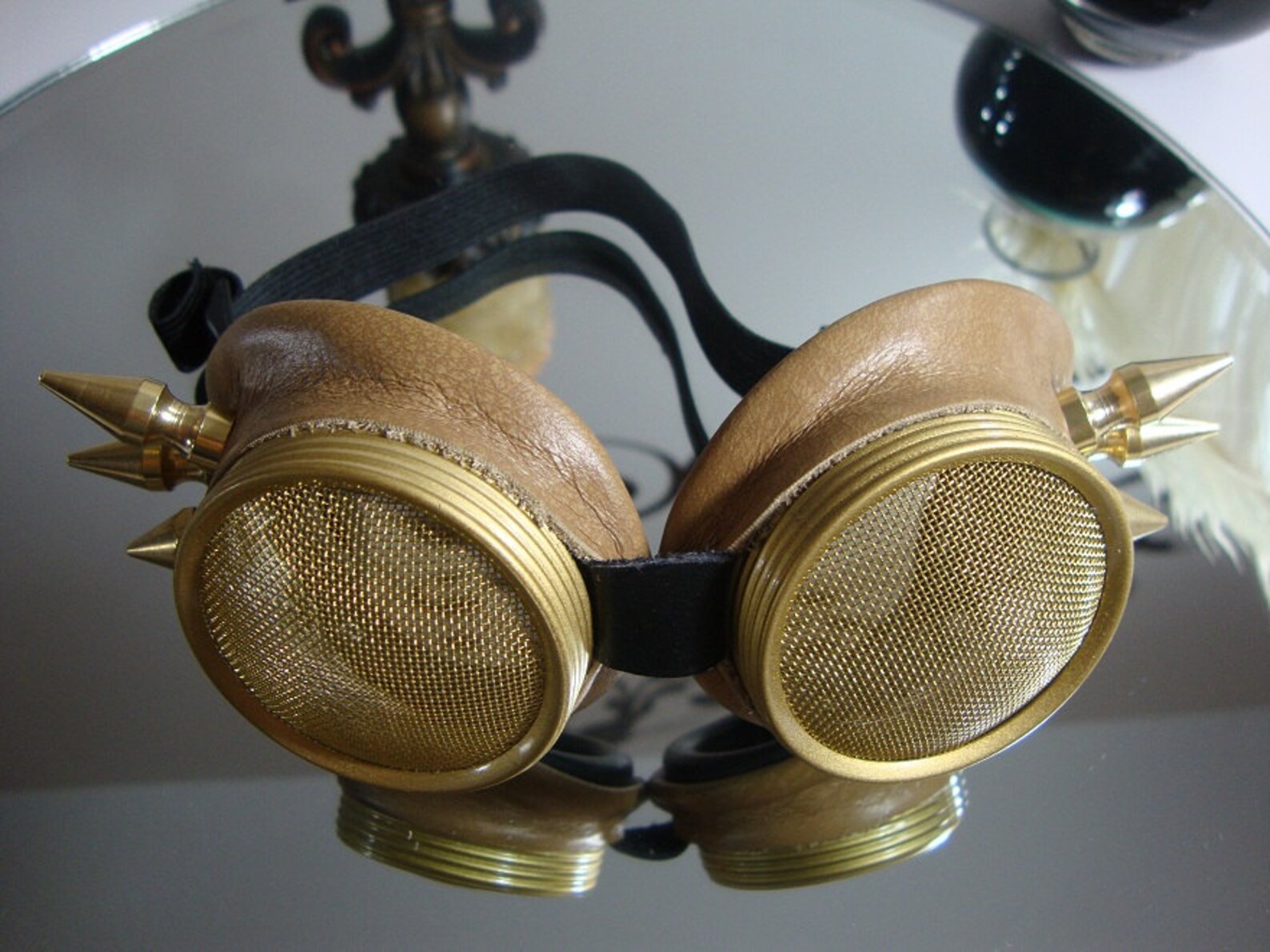 Steampunk Goggles, Tan Leather Winged Spikes Waspeye Lens. - Etsy