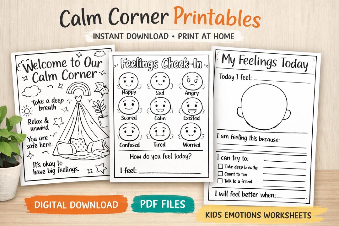 Calming Corner | Feelings Check-in | Feelings Worksheet Bundle - Etsy