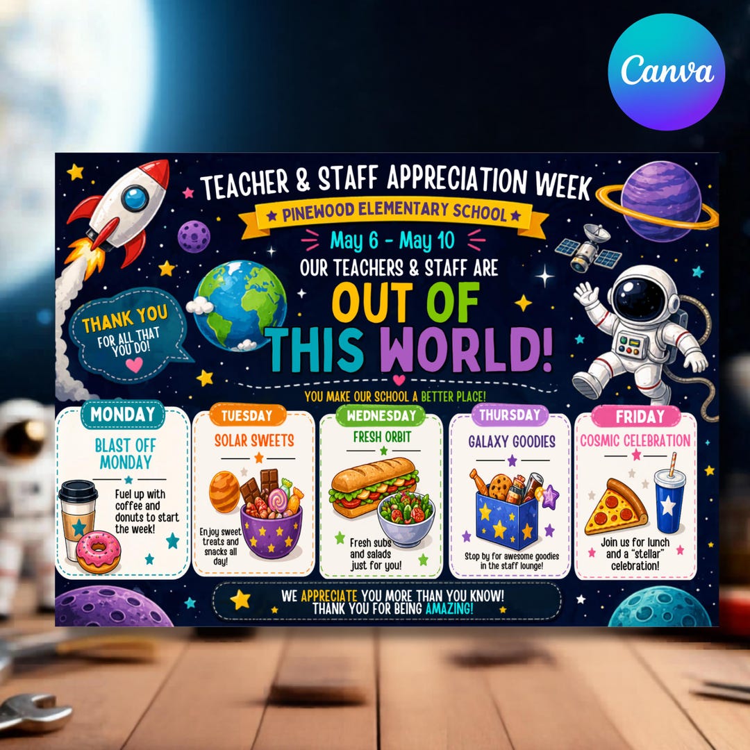 Space Theme Teacher Appreciation Week Itinerary Poster, Teacher ...