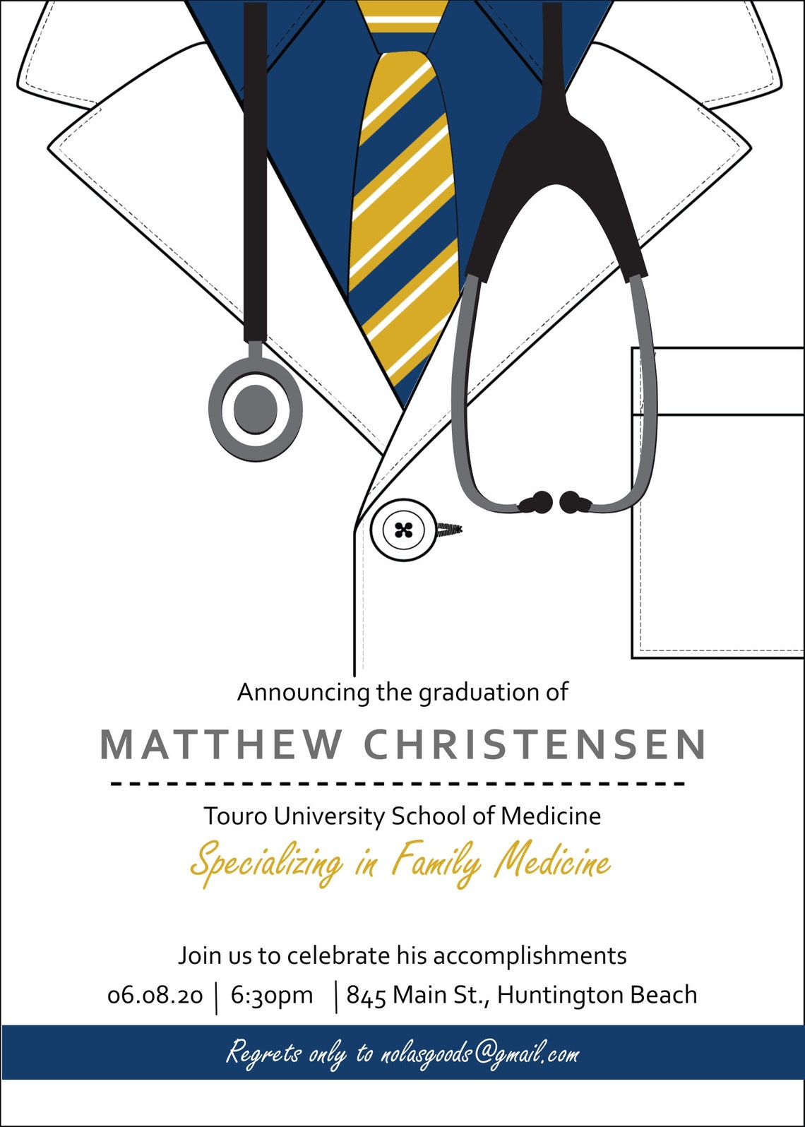 Medical School Graduation Invitation Printable White Coat | Etsy