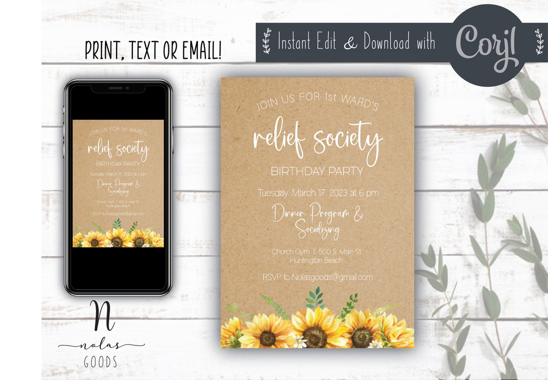 Relief Society Birthday Invitation, LDS Relief Society Invite, Relief ...