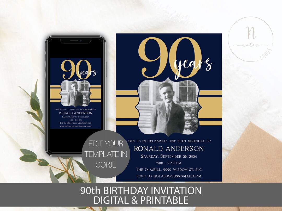 90th Birthday Party Invitation Man, 90th Birthday Invitation for Women ...