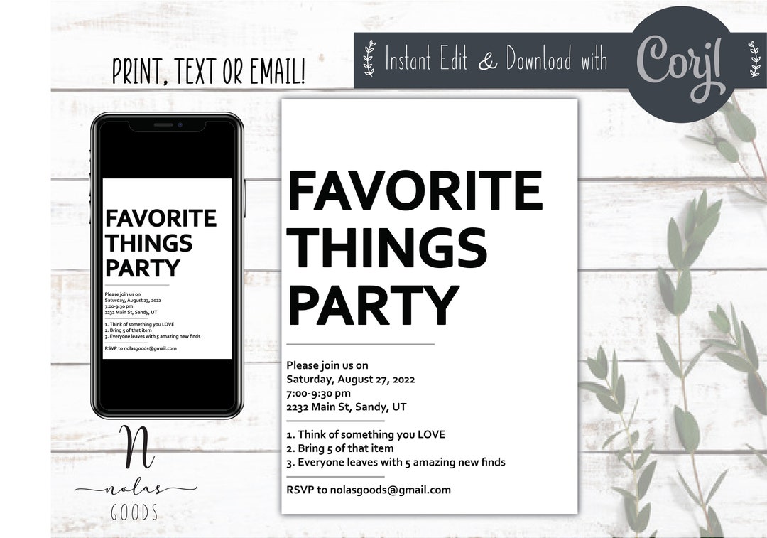 Favorite Things Party Invitation Printable, Favorite Things Birthday ...