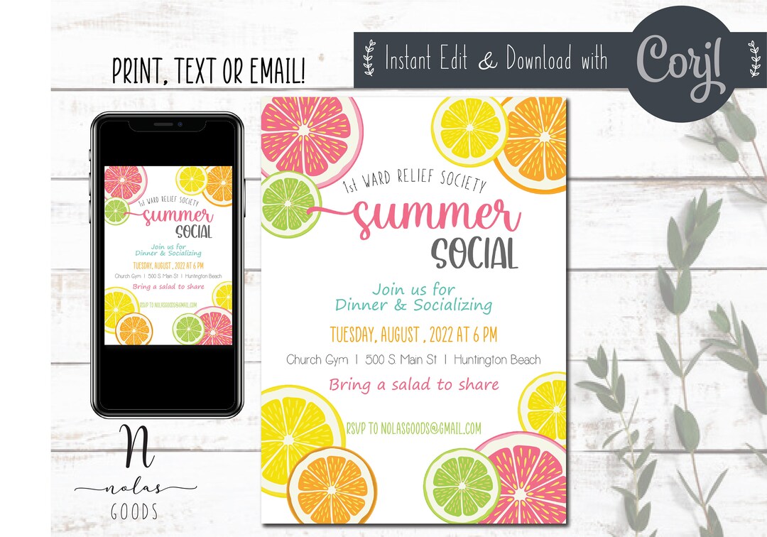 Relief Society Invitation, Summer Social Invitation Template, Lemon and ...