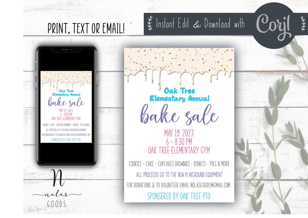 Bake Sale Flyer Template, School Fundraiser Flyer Digital, Bake Sale ...