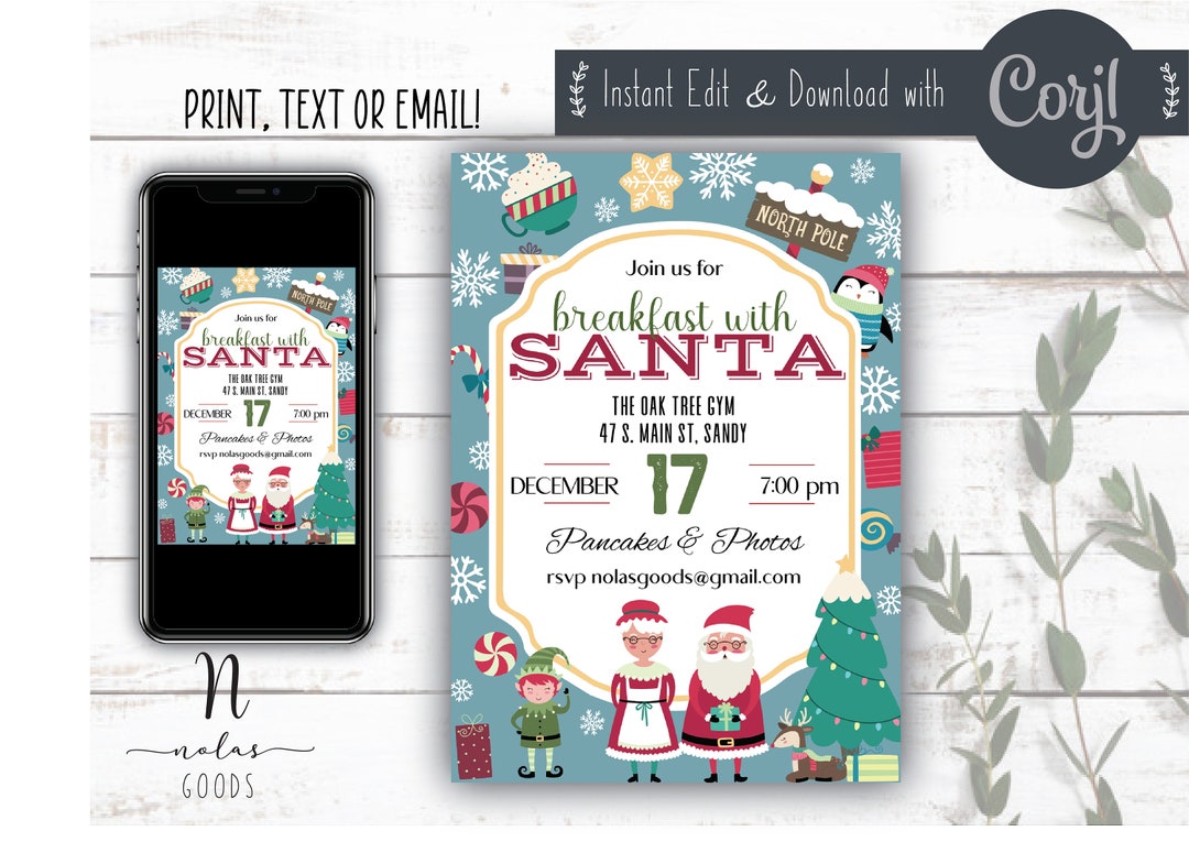 Kids Christmas Party Invite, Breakfast With Santa Flyer, Breakfast With ...