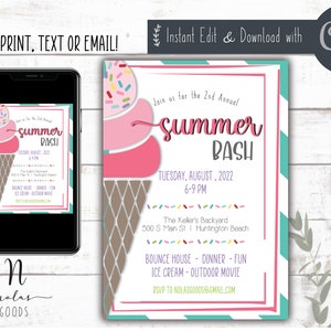 Summer Bash Invitation Digital Download, Ice Cream Social Invitation ...