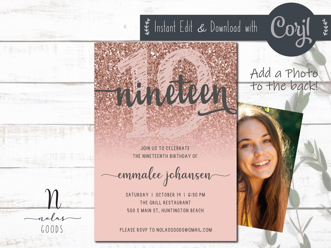 19th Birthday Invitation, 19 Birthday Party Invitations, 19 Birthday ...
