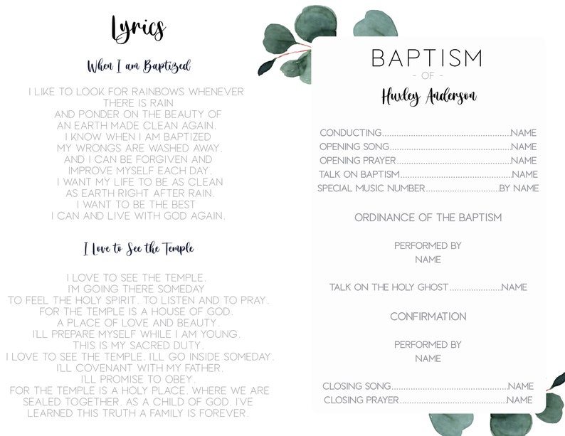 LDS Baptism Invitation and Program, Baptism Program LDS Girl, LDS ...