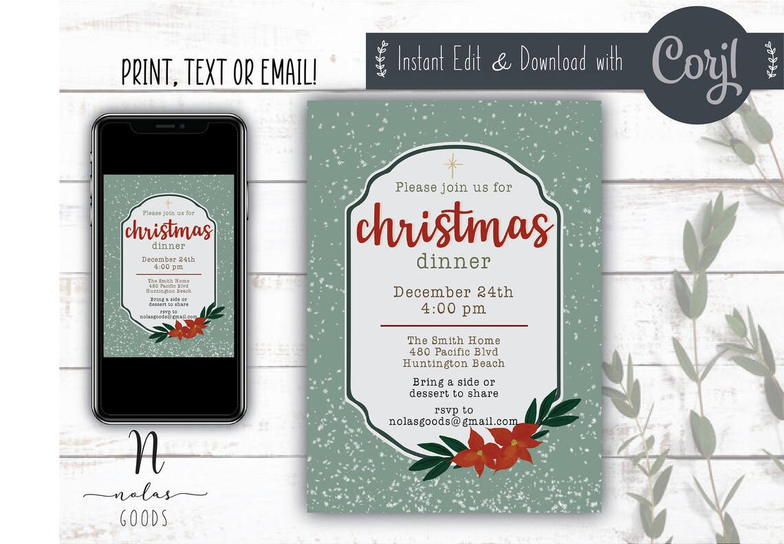 Christmas Dinner Invitation Digital, Holiday Dinner Invite Download ...