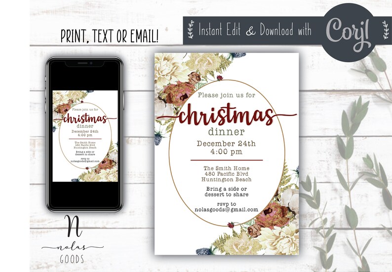 Christmas Dinner Invitation Digital, Winter Dinner Party Invitation ...
