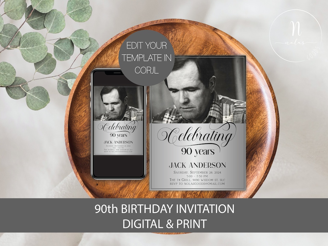 90th Birthday Invitation With Photo, Ninety Birthday Invitation, 90 ...