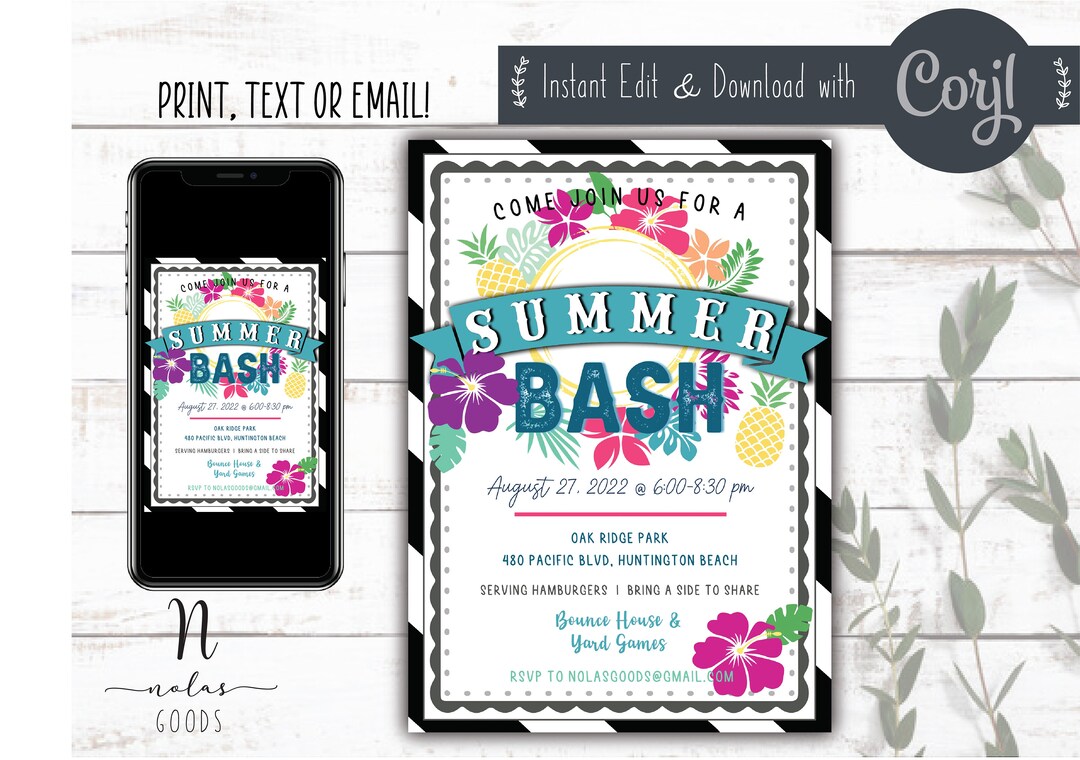 Summer Bash Invitation Digital Download, Luau Block Party, Summer Block ...