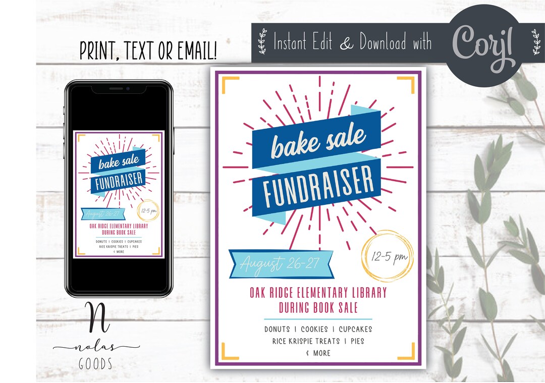 Bake Sale Fundraiser Printable, School Fundraiser Flyer Digital, Bake ...