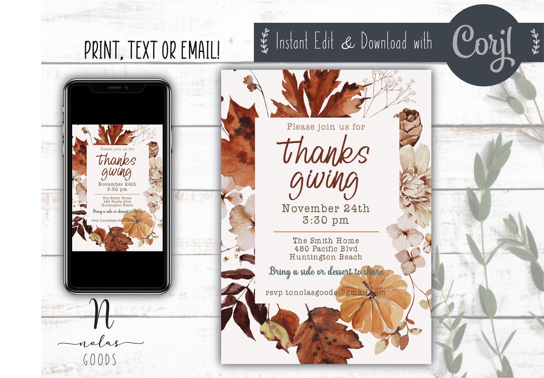 Editable Thanksgiving Invitation Template, Thanksgiving Dinner Invite ...