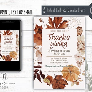 Editable Thanksgiving Invitation Template, Thanksgiving Dinner Invite ...
