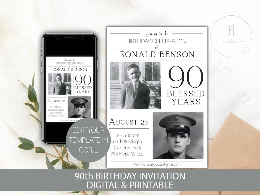 90th Birthday Party Invitation Man, 90th Birthday Invite, 90th Birthday ...